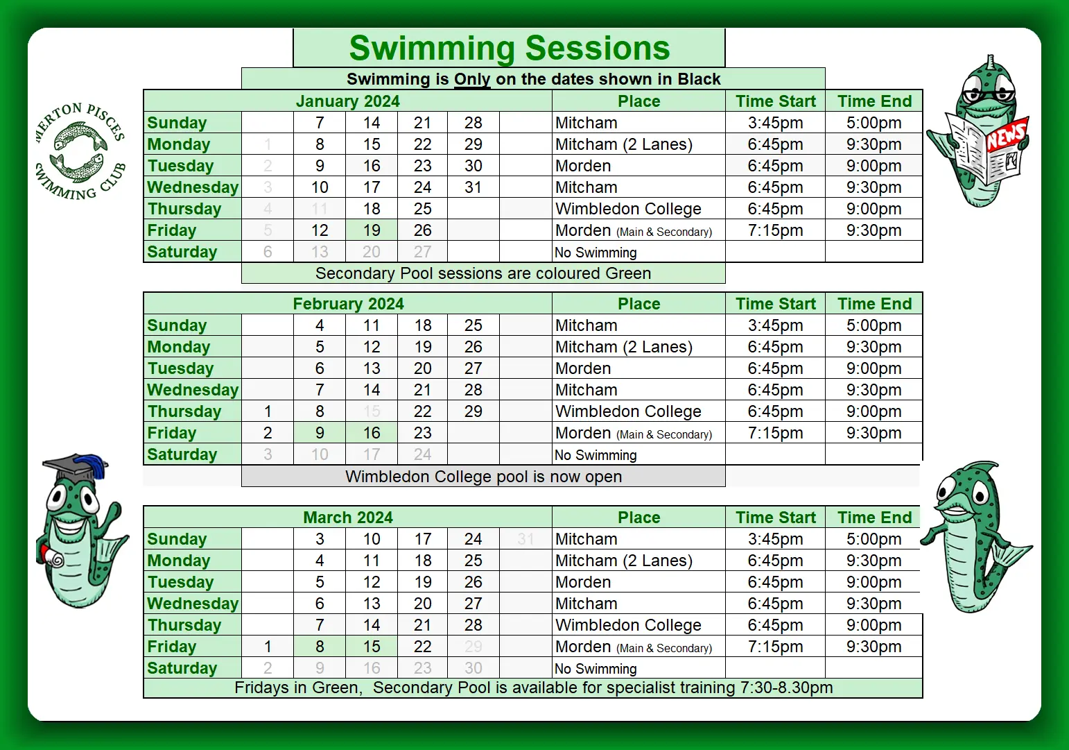 Calendar 2024 Q1 – January February & March - Merton Pisces Swimming Club